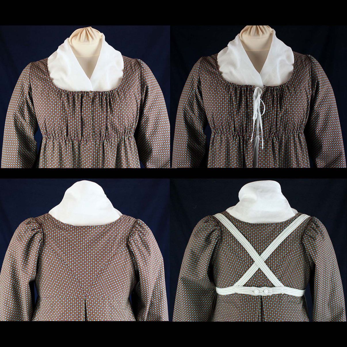 #0219 Empire / Regency dress with front clousure, apron, cap and fichu ...